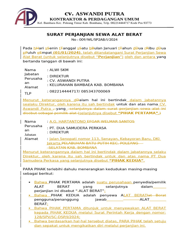 Perjanjian Sewa Alat Berat 2024 | PDF