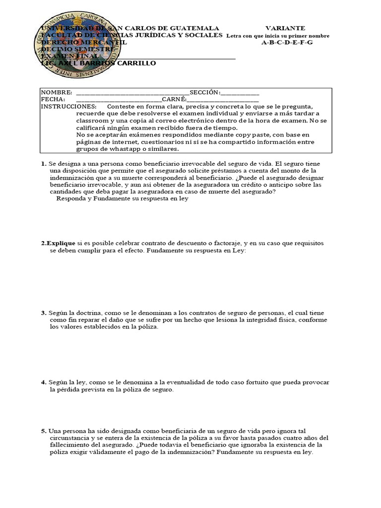 Examen Final Derecho Mercantil USC 2023 | PDF | Póliza de seguros | Seguro