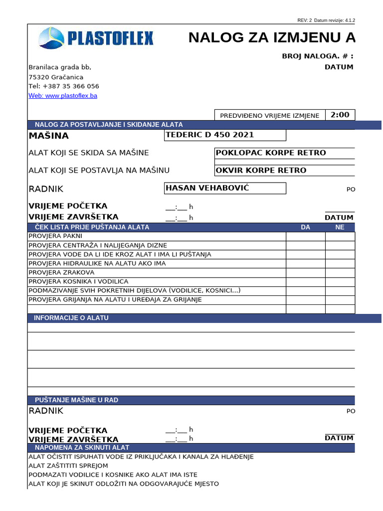 Nalog Za Izmjenu Alata 4 Tederic D 450 2021-Okvir Korpe Retro | PDF