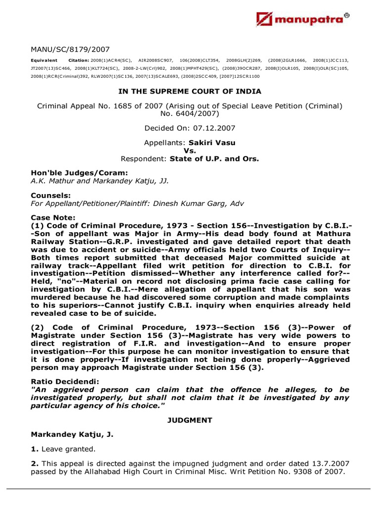 Sakiri Vasu vs. State of UP and Ors | PDF | Appeal | Complaint