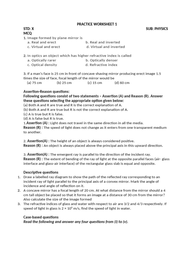 X PHYSICS Worksheet 1 (7 - 06-2024) | PDF | Mirror | Waves