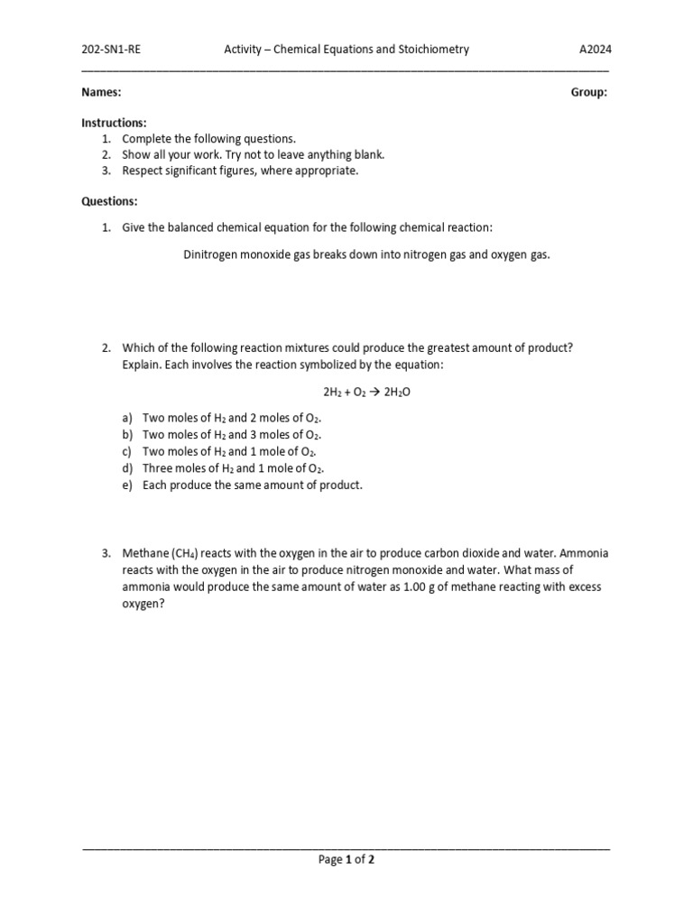 Chemical Equations & Stoichiometry Activity | PDF