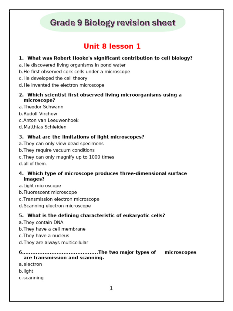 Grade 9 Biology Revision Sheet | PDF | Cell (Biology) | Endoplasmic ...