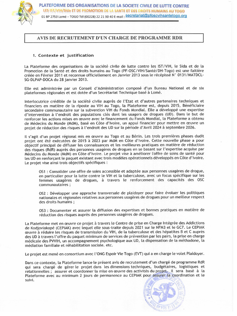 Avis de Recrutement D'un Charge de Programme RDR | PDF