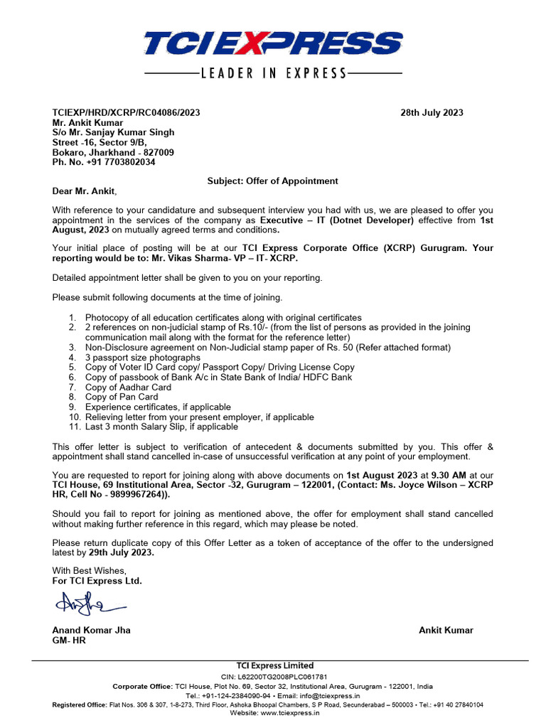 Ankit Kumar - Offer Letter | PDF | Authentication | Government And Personhood