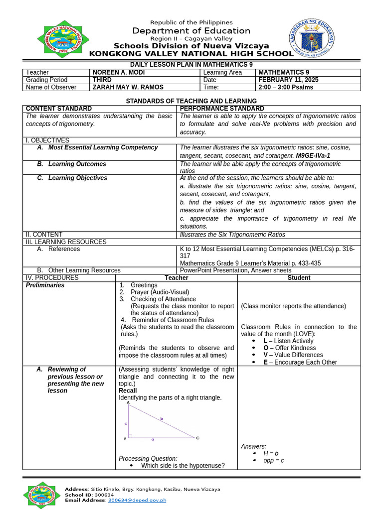 Daily Math Lesson Plan: Trigonometry 9 | PDF | Trigonometric Functions ...