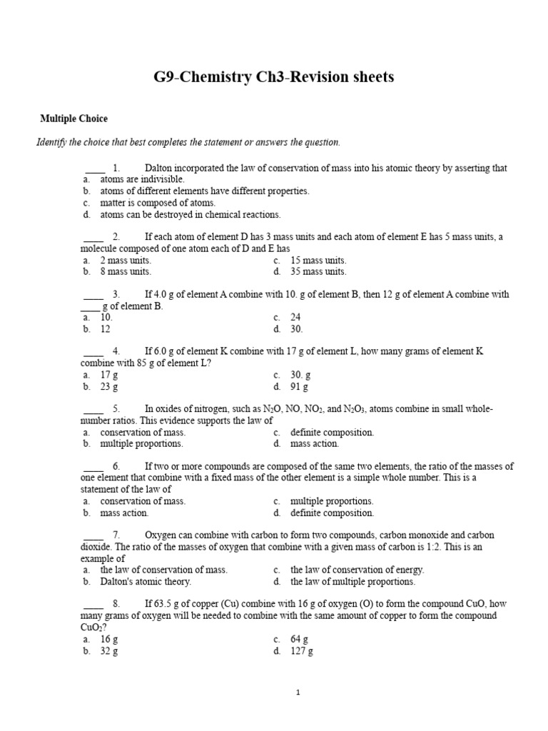 With-G9-Chemistry Ch3-Revision Sheets | PDF | Atoms | Mole (Unit)