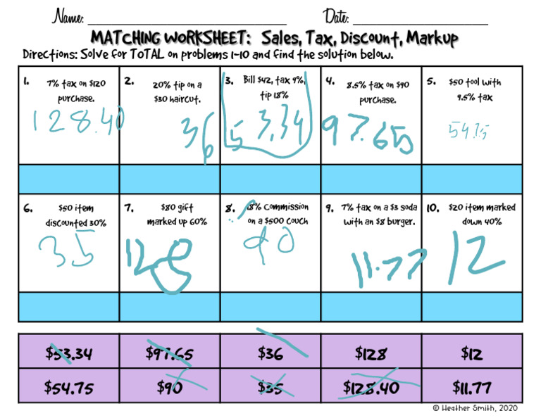Sales Tax and Discount Worksheet | PDF