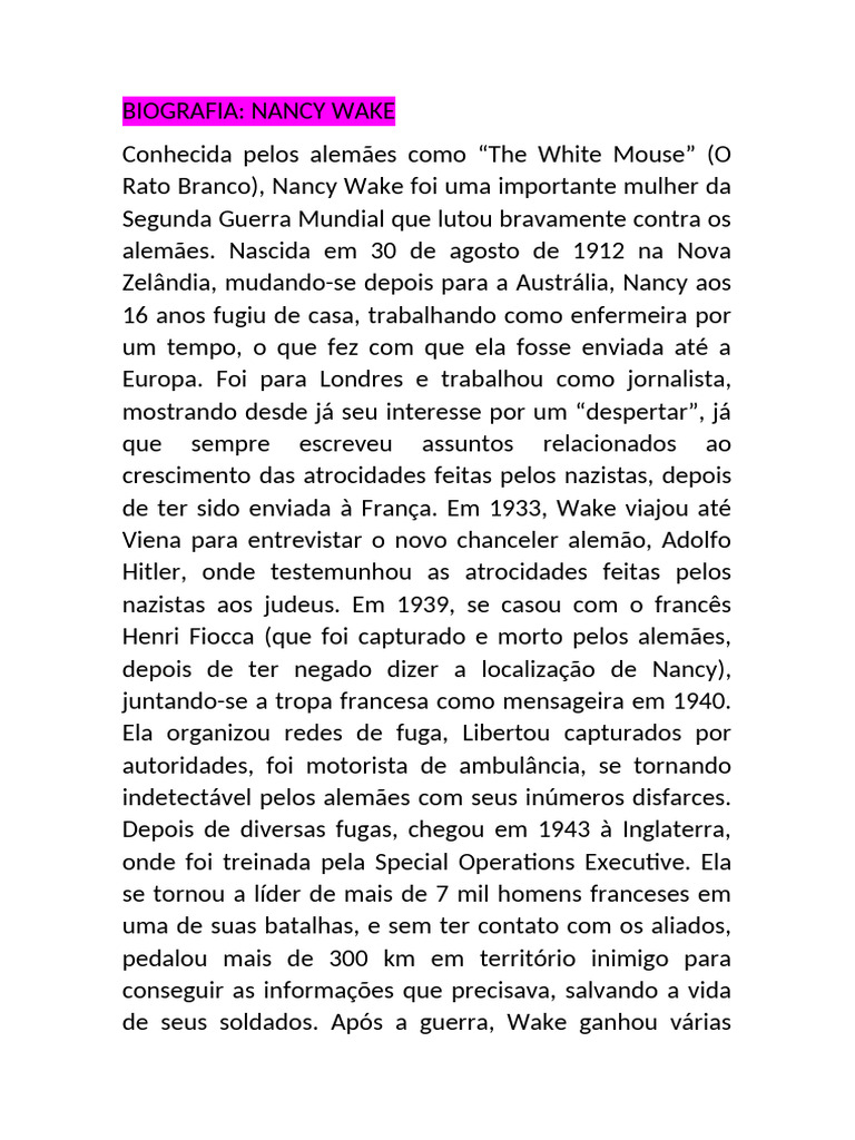 Nancy Wake: Heroína da Resistência na WWII | PDF