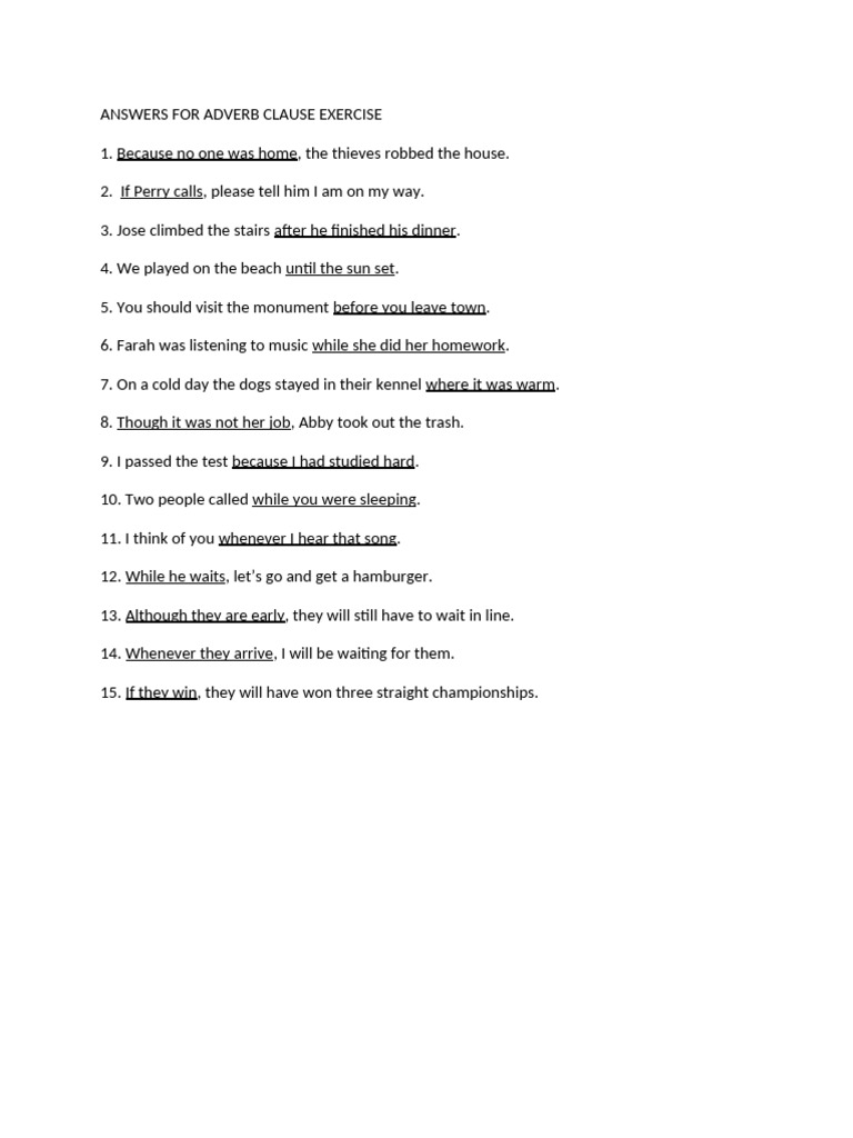 Answers for Adverb Clause Exercise | PDF