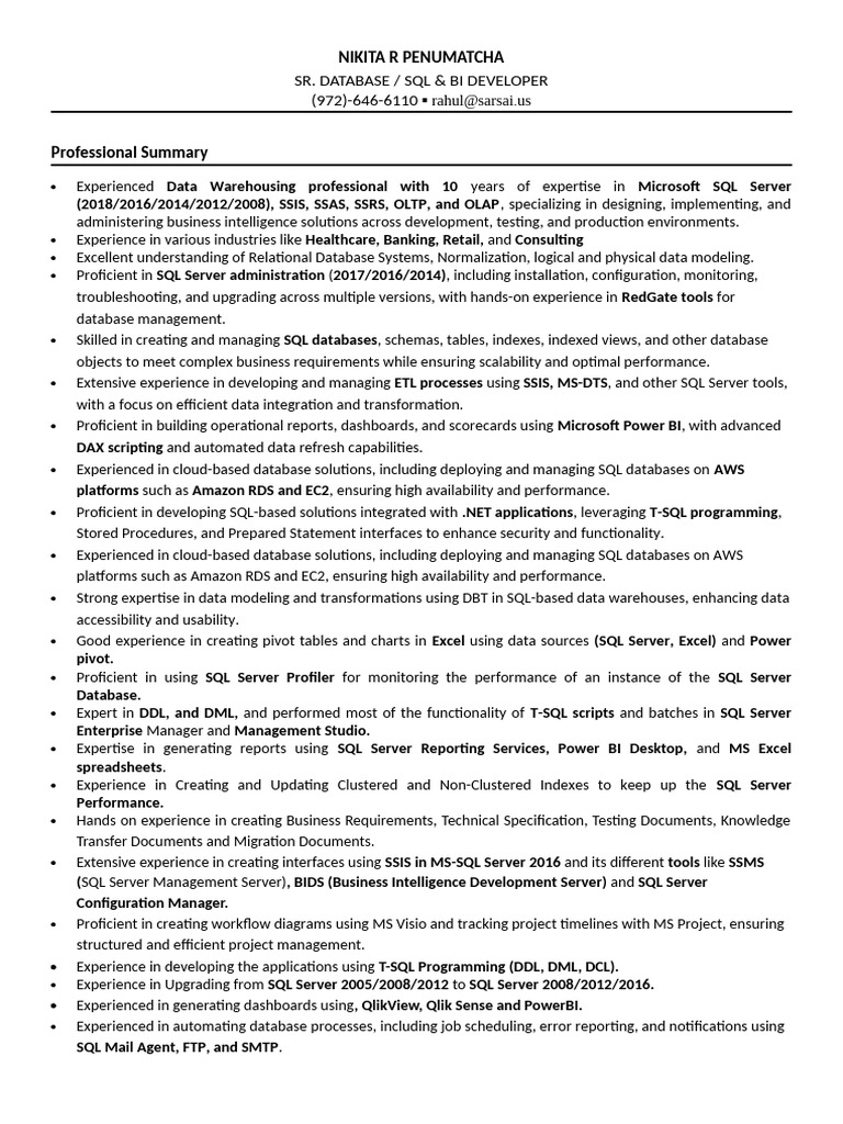 Senior SQL & BI Developer Resume | PDF | Microsoft Sql Server | Databases