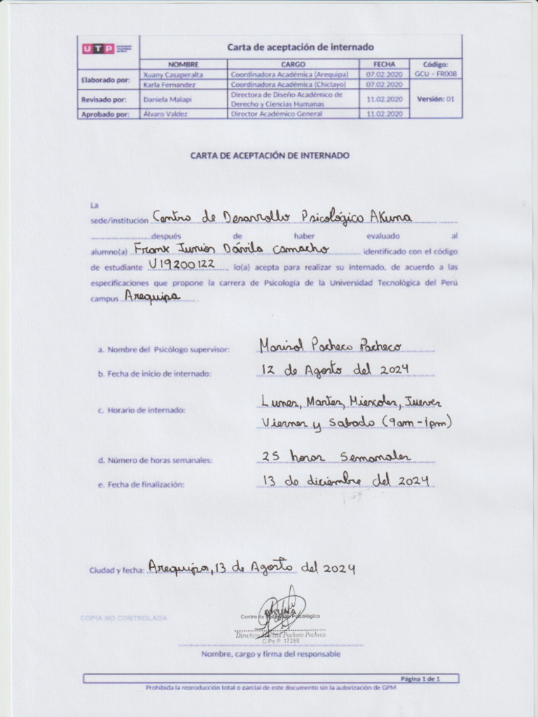 Carta de Aceptación de Internado y Horarios (Ejemplo) | PDF