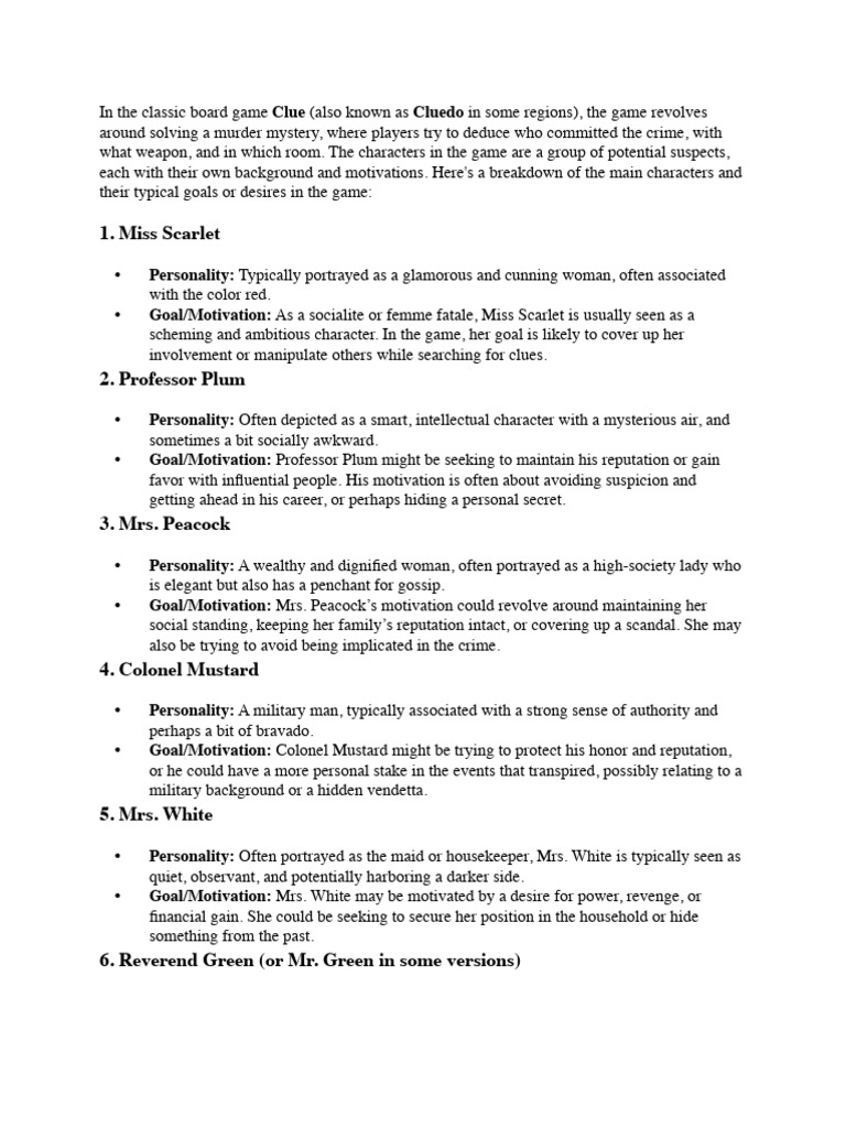 Clue Characters Pdf