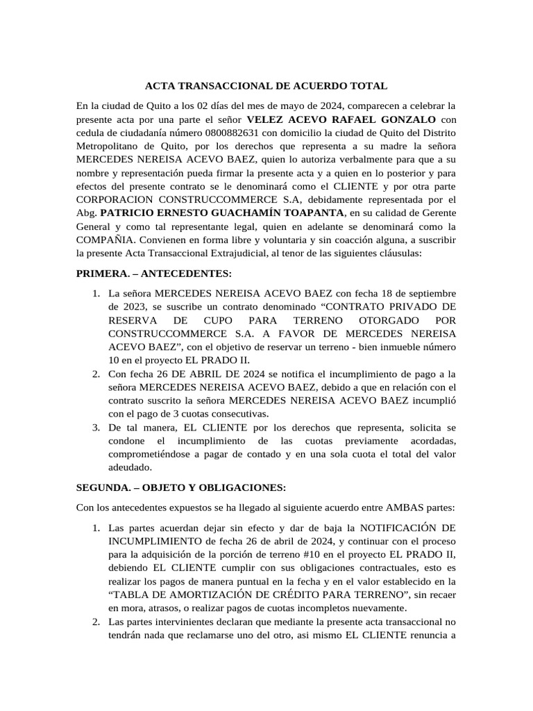 Acta Transaccional de Acuerdo Total | PDF | Daños y perjuicios