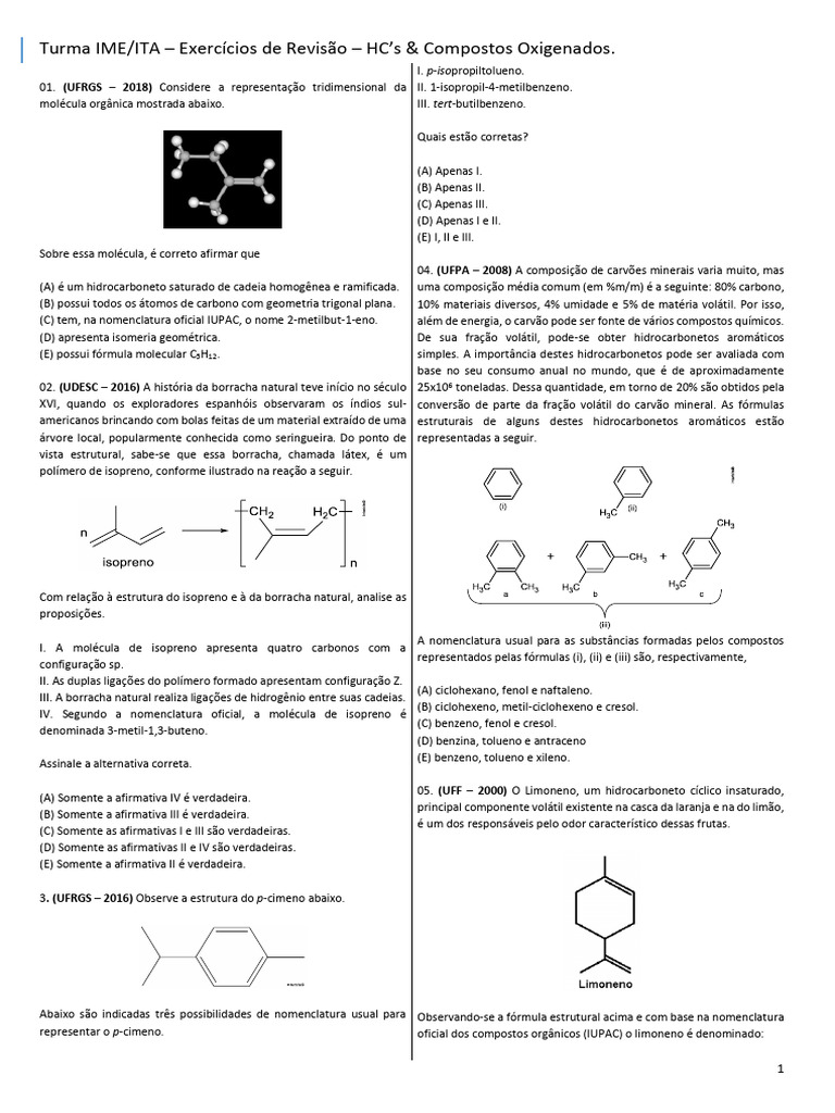 Turma IME ITA Exercícios de Revisão HC's & Compostos Oxigenados | PDF | Benzeno | Isômero