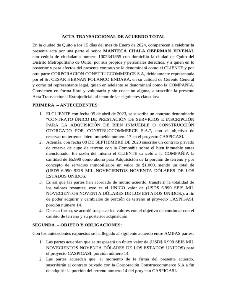 Acta Transaccional Manteca Chala | PDF | Daños y perjuicios