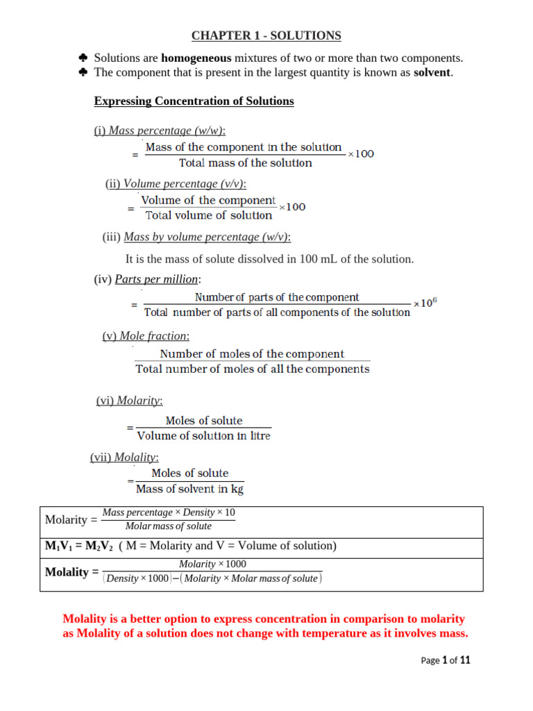 Class 12 Chapter 1 - Notes | PDF | Solubility | Applied And ...