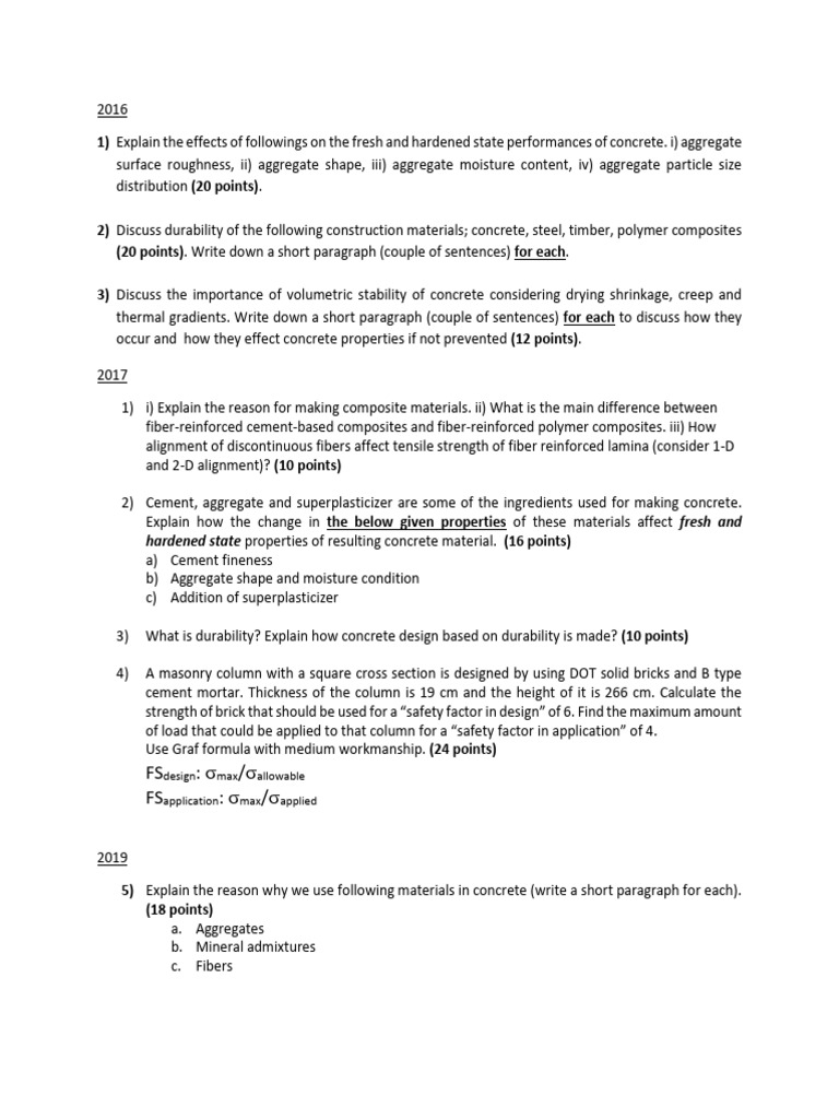 Sample final exam questions | PDF | Concrete | Composite Material