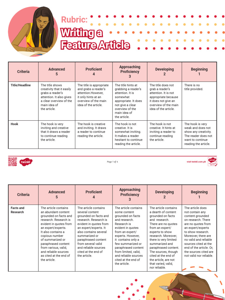Rubric - Writing a Feature Article | PDF | Paragraph | Linguistics