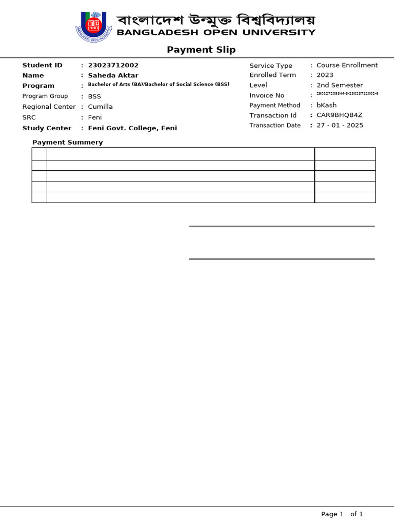 Payment Slip: 23023712002 Student ID Name: Saheda Aktar | PDF ...
