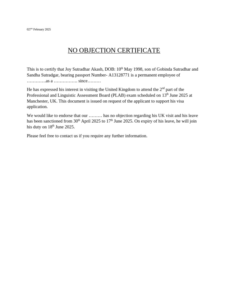No Objection Certificate for UK Visa | PDF