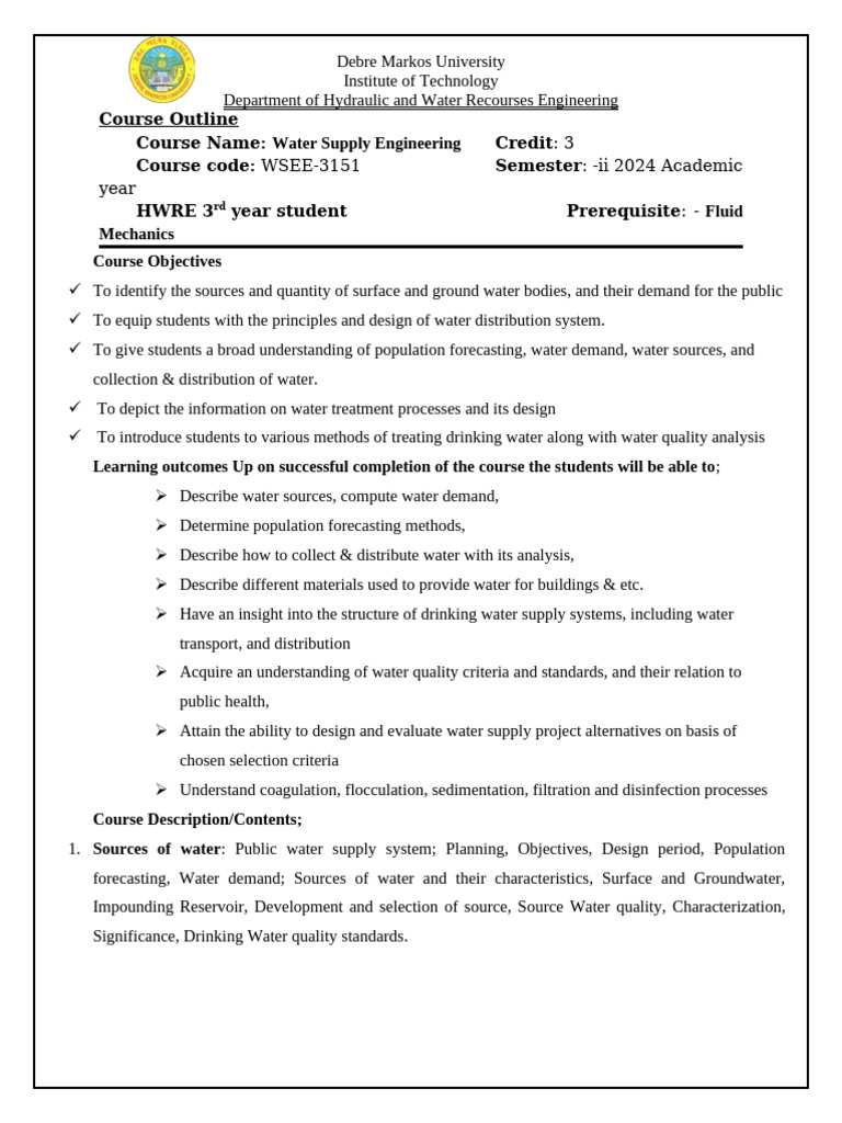 Course title Water Supply Engineering | PDF | Water | Civil Engineering