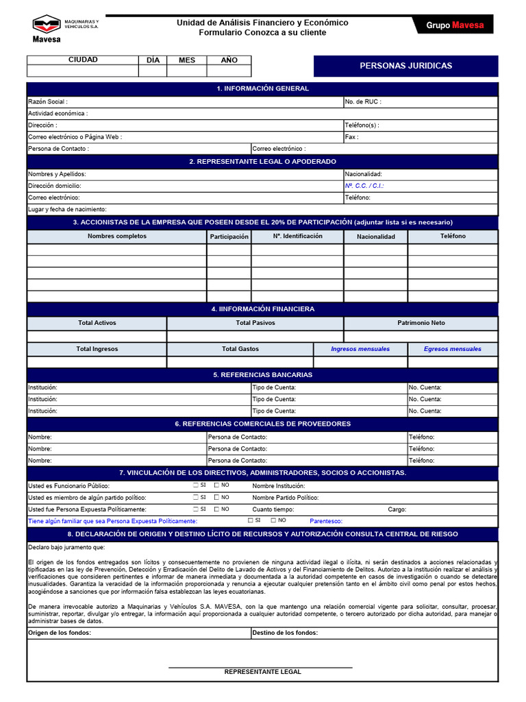 ANEXO 3. UAFE Formulario Conozca A Su Cliente - P.Juridica V2 | PDF