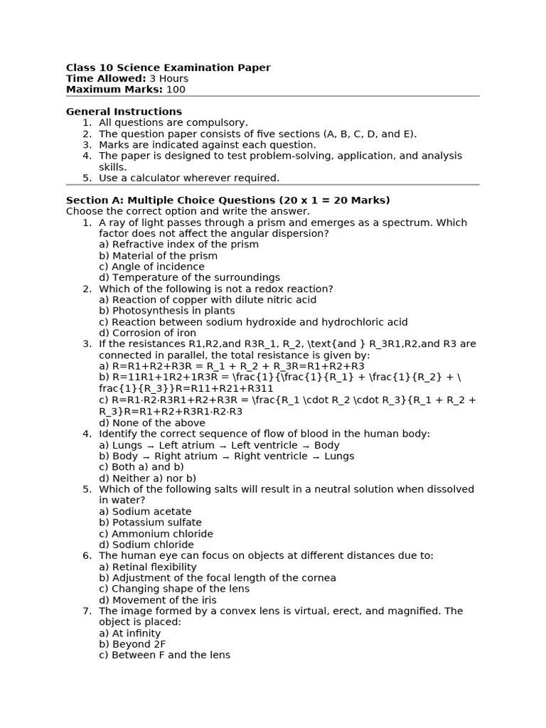 Class 10 Science Examination Paper | PDF | Salt (Chemistry) | Chemical ...