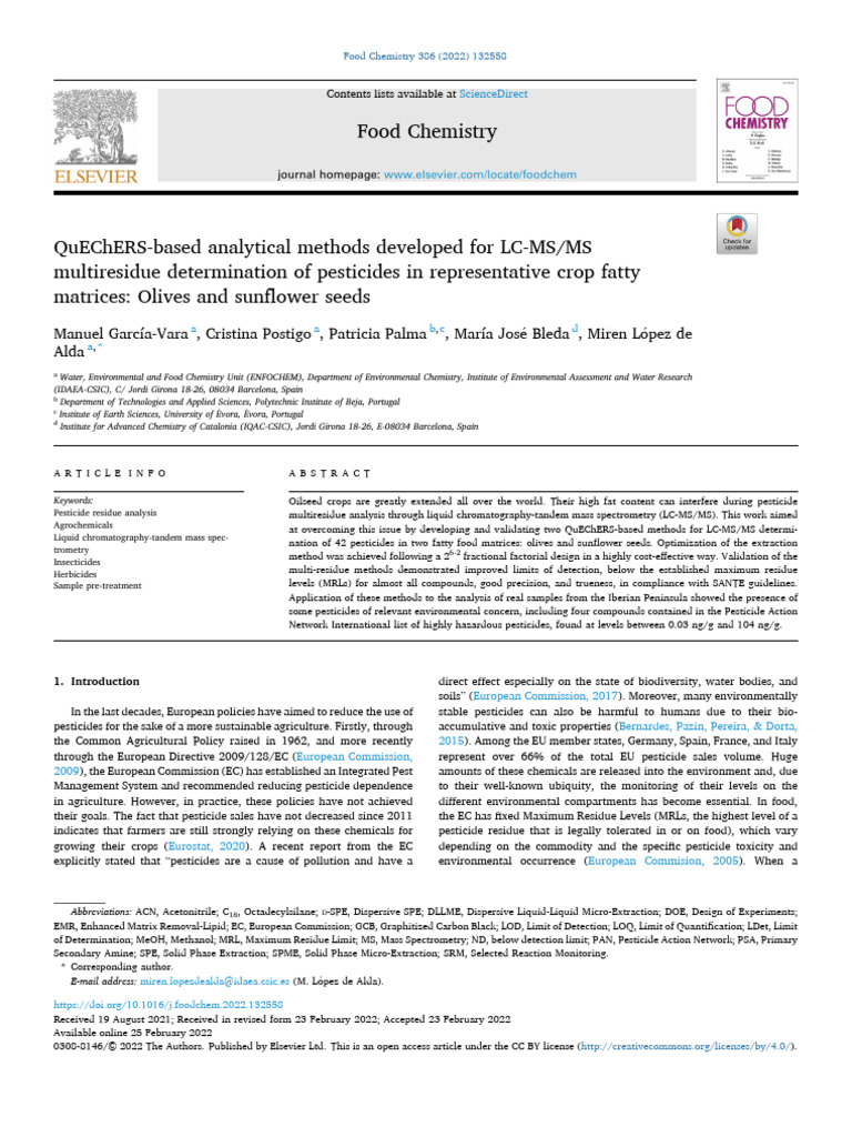 (2022) QuEChERS-based analytical methods developed for LC-MSMS multiresidue determination of ...