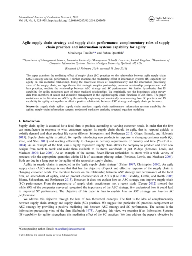 Agile Supply Chain Strategy and Supply Chain Performance | PDF | Supply Chain | Factor Analysis