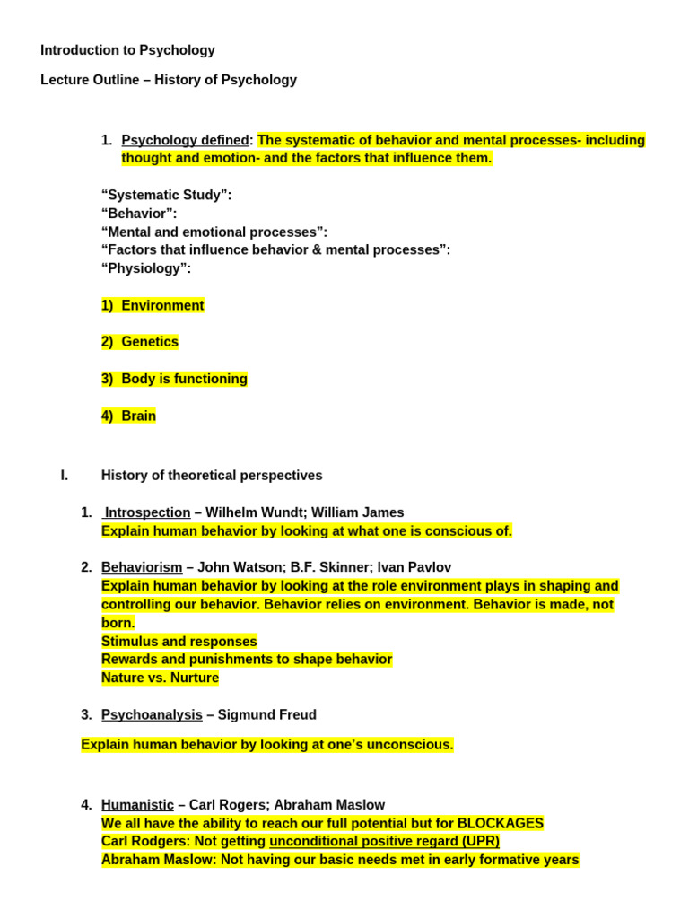 Psyc-Lecture Outline - HX of Psychology-1 | PDF | Psychology | Thought