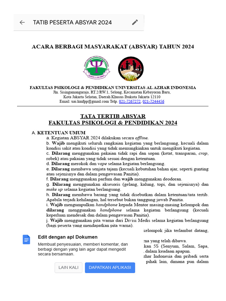 Tatib Peserta Absyar 2024 2 | PDF