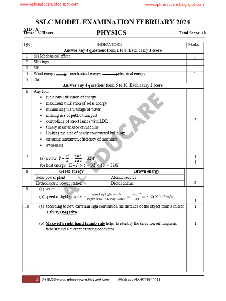SSLC 2024 Physics Model Exam Paper | PDF | Electricity | Electrical ...