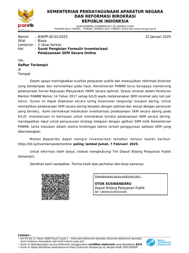 Surat Pengisian Formulir Inventarisasi SKM Online 2025 | PDF