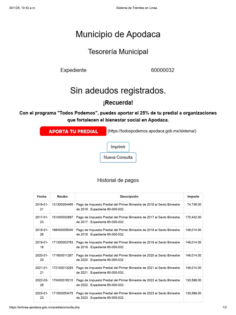 Historial de Pagos Predial Apodaca 2016-2025 | PDF