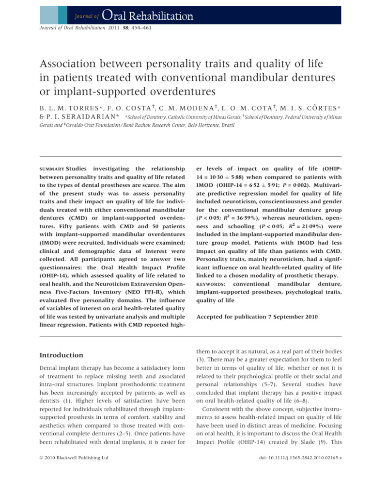 Association Between Personality Traits and Quality of Life in Patients ...