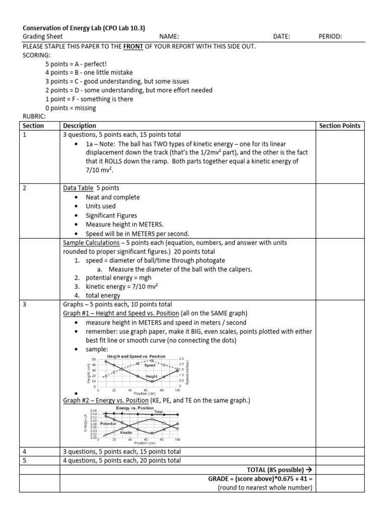 Cons of Energy (CPO) Lab Grading Sheet | PDF | Mechanics | Applied And ...