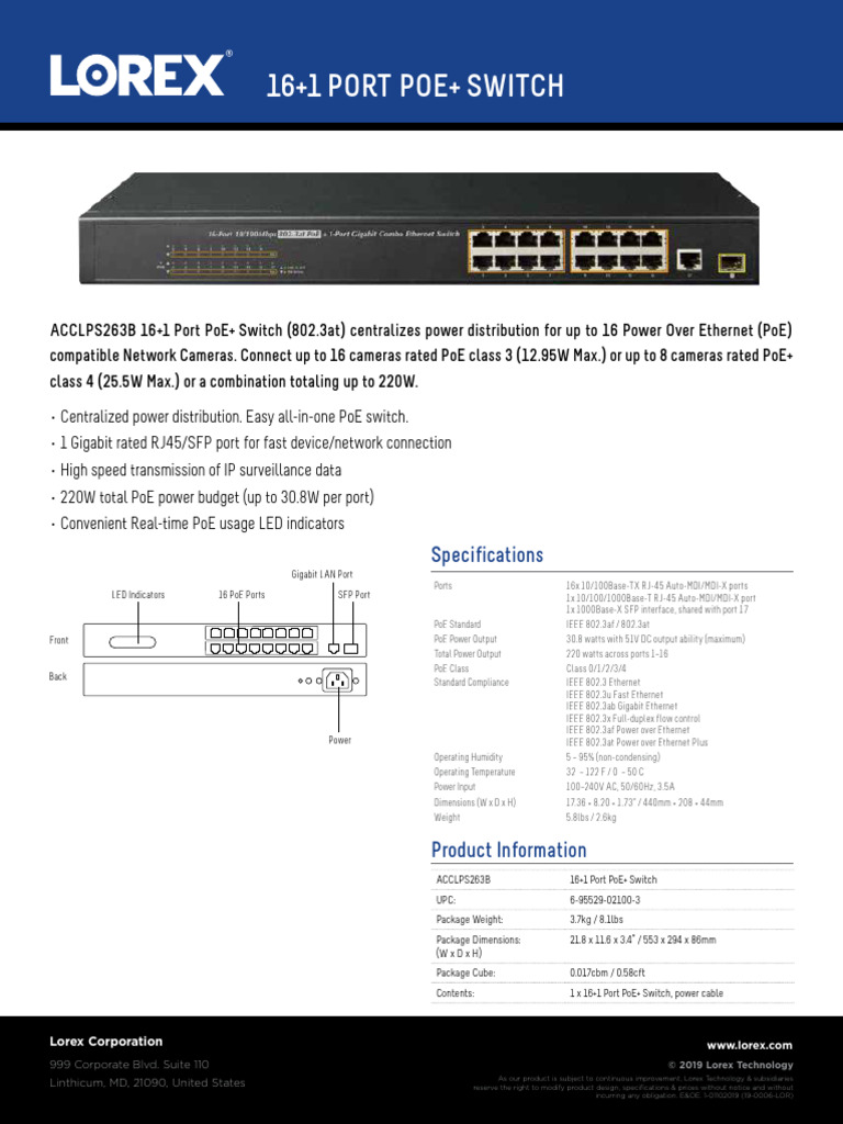 Manual Switch LOREX POE 16 - ACCLPS263B - Specs - R1 | PDF | Computer Networking | Physical ...