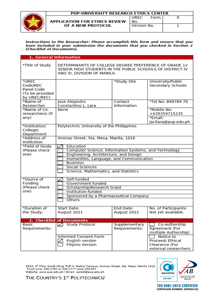Accomplished UREC-Form-9-Application For Ethics Review of New Protocol ...
