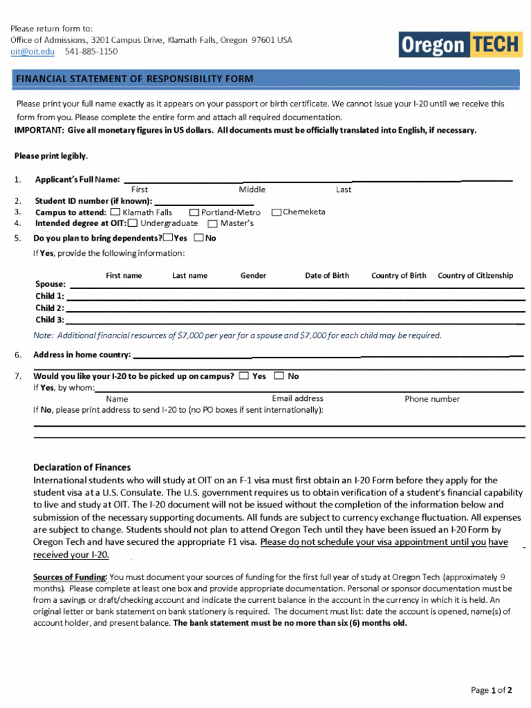 Student Financial Responsibility Form | PDF | Banks | Travel Visa