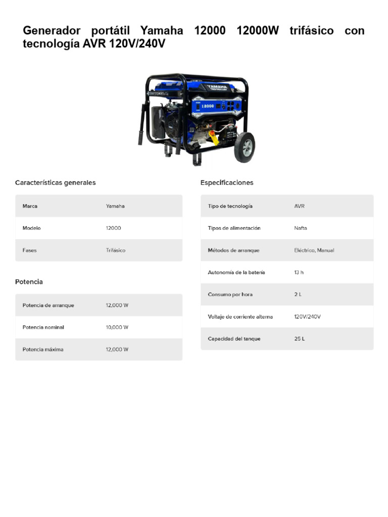 Generador Yamaha 12000W Trifásico AVR | PDF