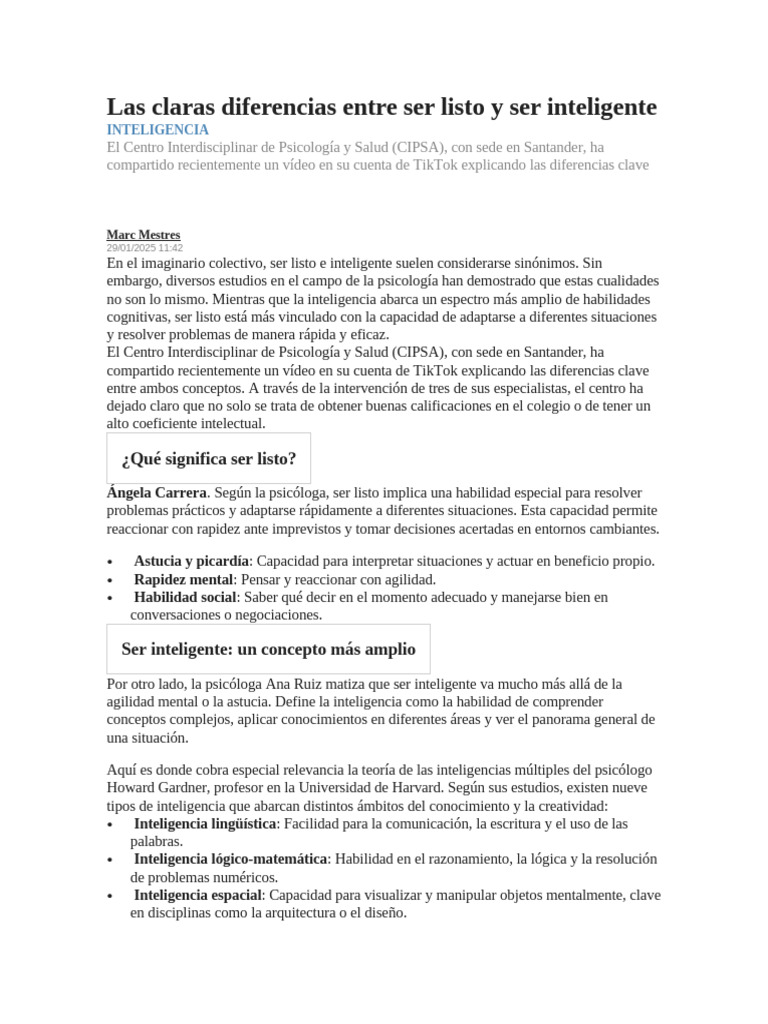 Las Claras Diferencias Entre Ser Listo y Ser Inteligente | PDF ...