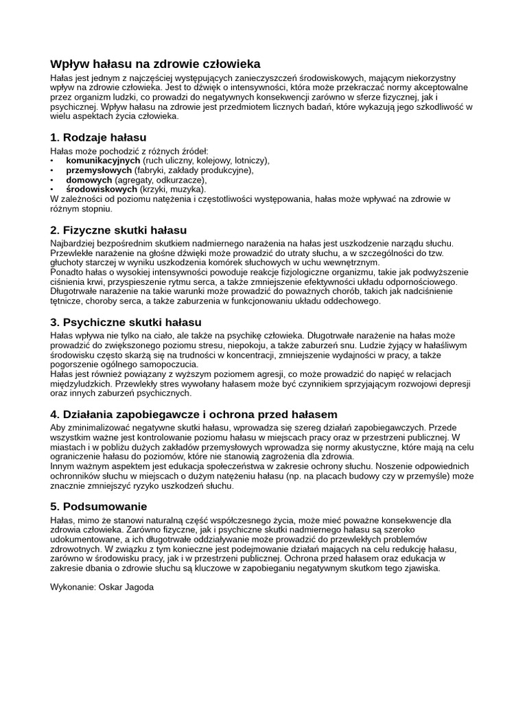 Wpływ Hałasu Na Zdrowie Człowieka | PDF