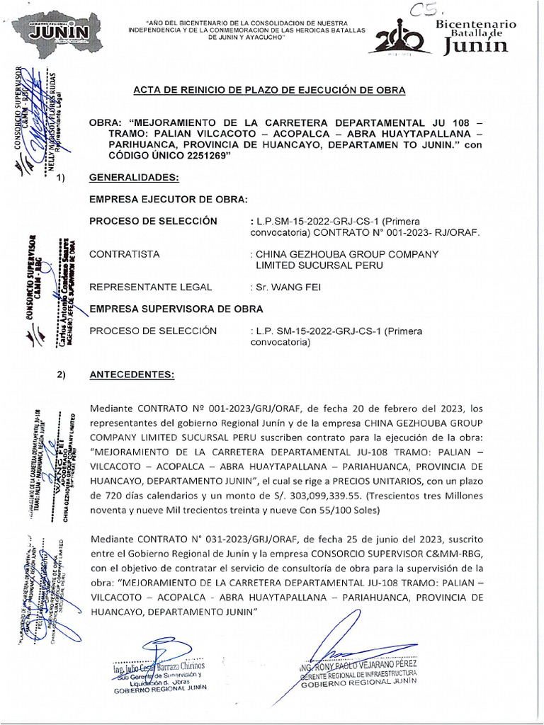 Acta de Reinicio de Plazo de Ejecución de Obra N°02 (16-05-24) | PDF