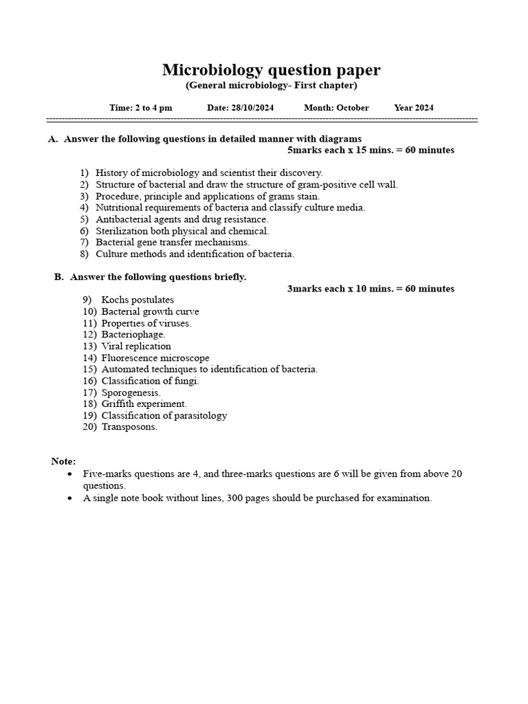 Microbiology question paper (october, Chapter I) | PDF