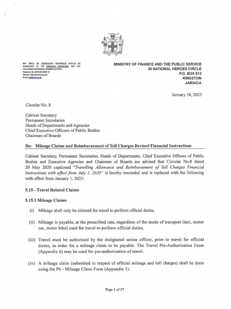 Circular No. 8 - Mileage Claims and Reimbursement of Toll Charges ...
