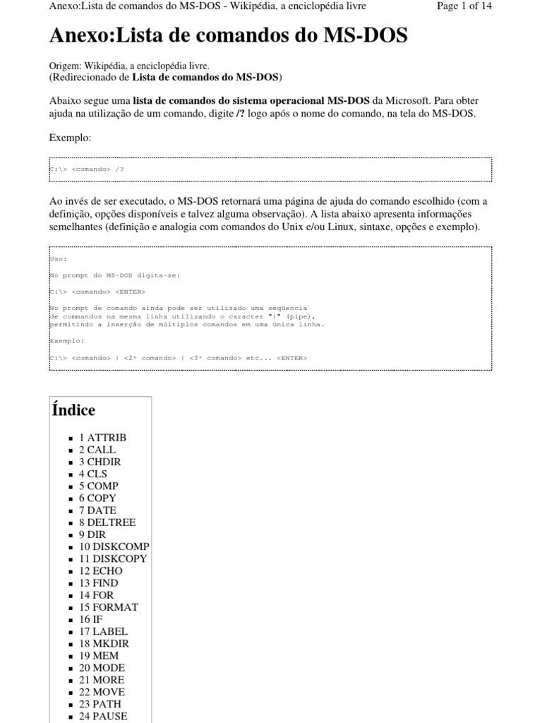 Lista de Comandos Do MS-DOS | PDF | Arquivo de texto | Microsoft Windows