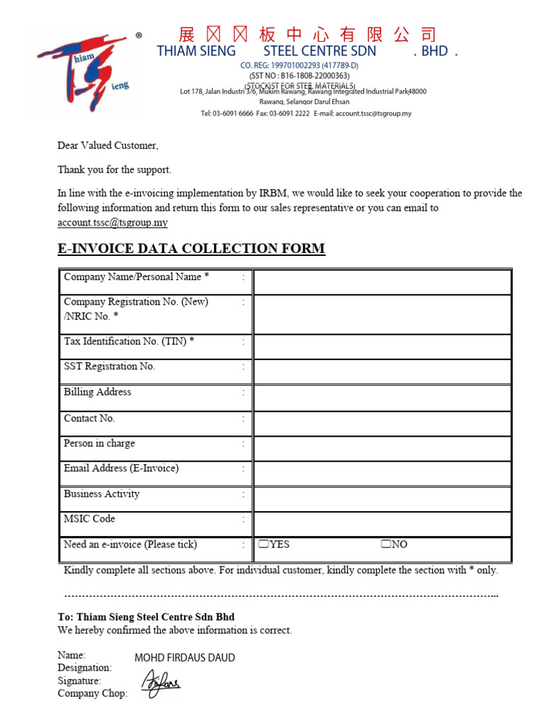 E-Invoice Data Collection Form - V1 | PDF