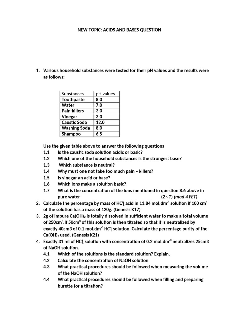 Acids and Bases Questions | PDF | Ph | Acid