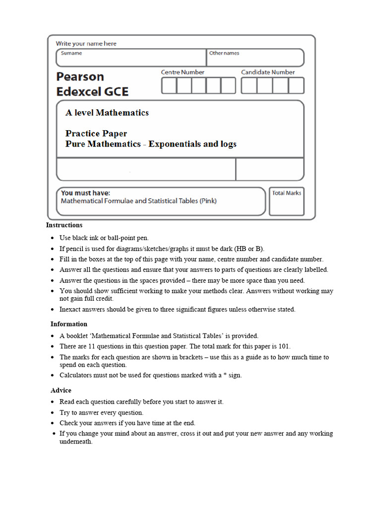 e and logs questions - a level maths edexcel | PDF | Function ...